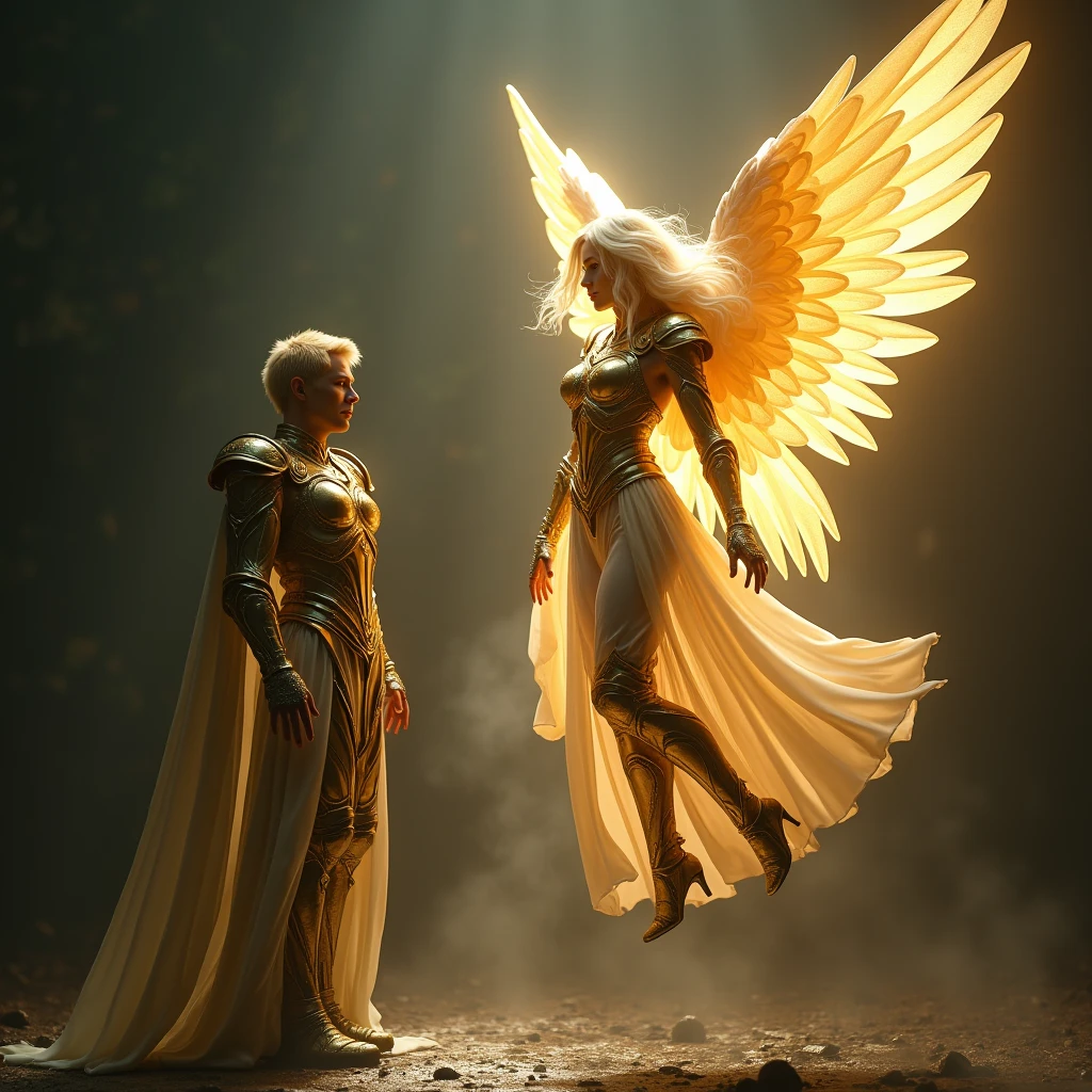 Create the image of a blonde angel woman with wavy hair dressed in ...