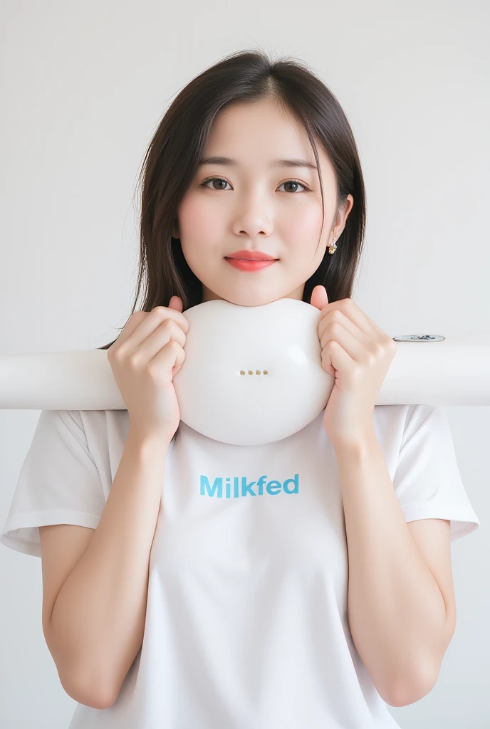 A Japanese woman wearing a MilkFed logo t-shirt, restraining her hands ...