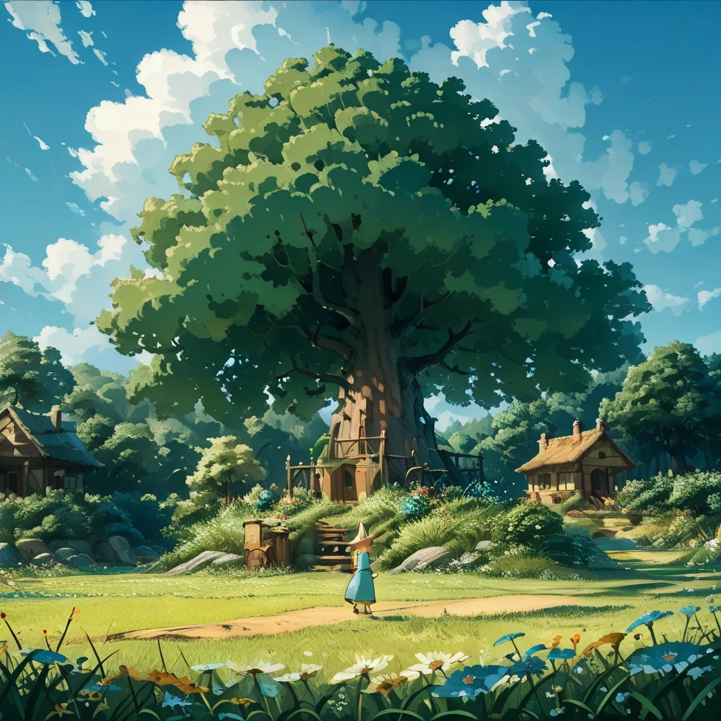，ghibli, To show a wide-angle view of the fantasy garden and the witch ...