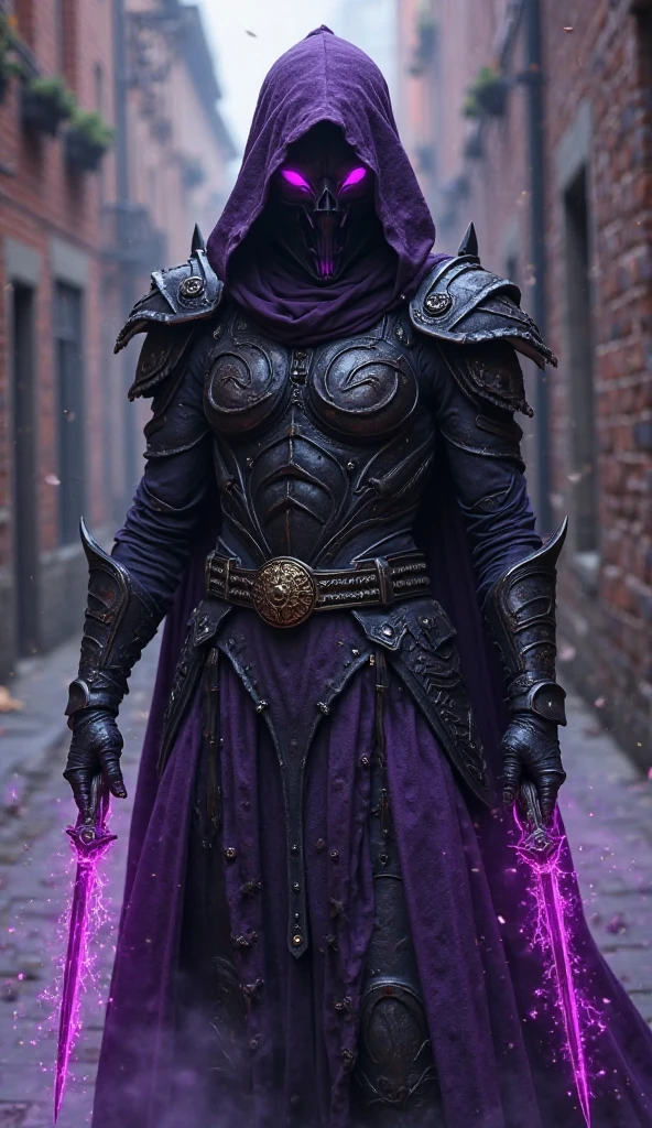Hyper-realistic rogue mage in dark violet plated armor with black mist ...
