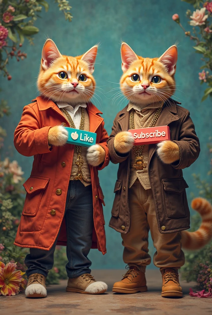 "Two fancy, rich-looking anthropomorphic cats standing like humans ...