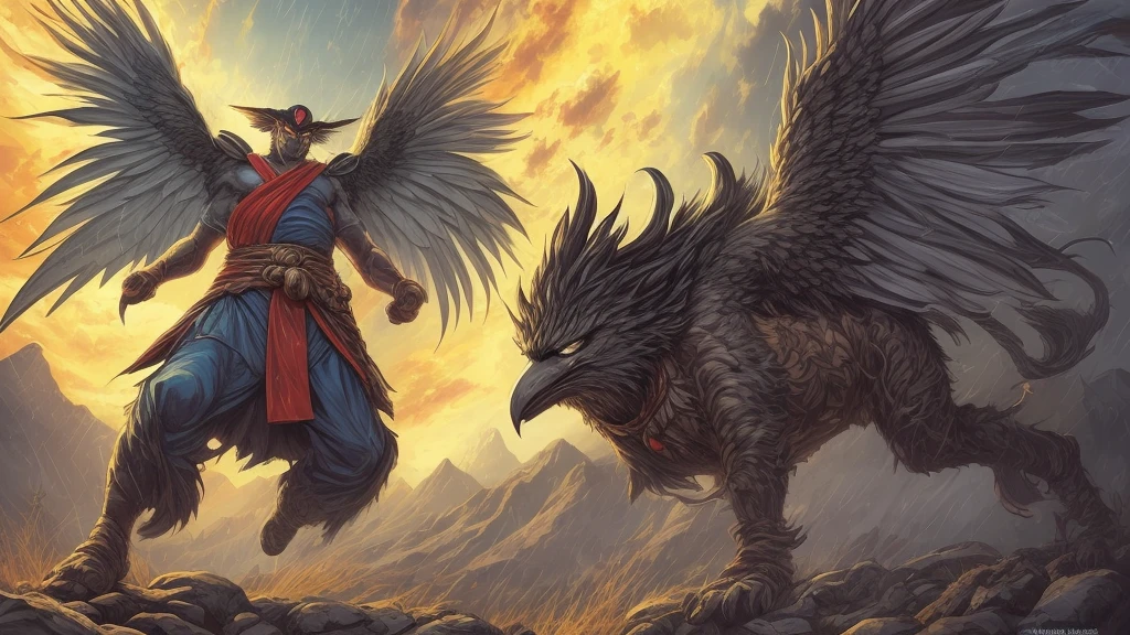 '90s Marvel comic style, illustrates a dramatic scene: một Daitengu với ...