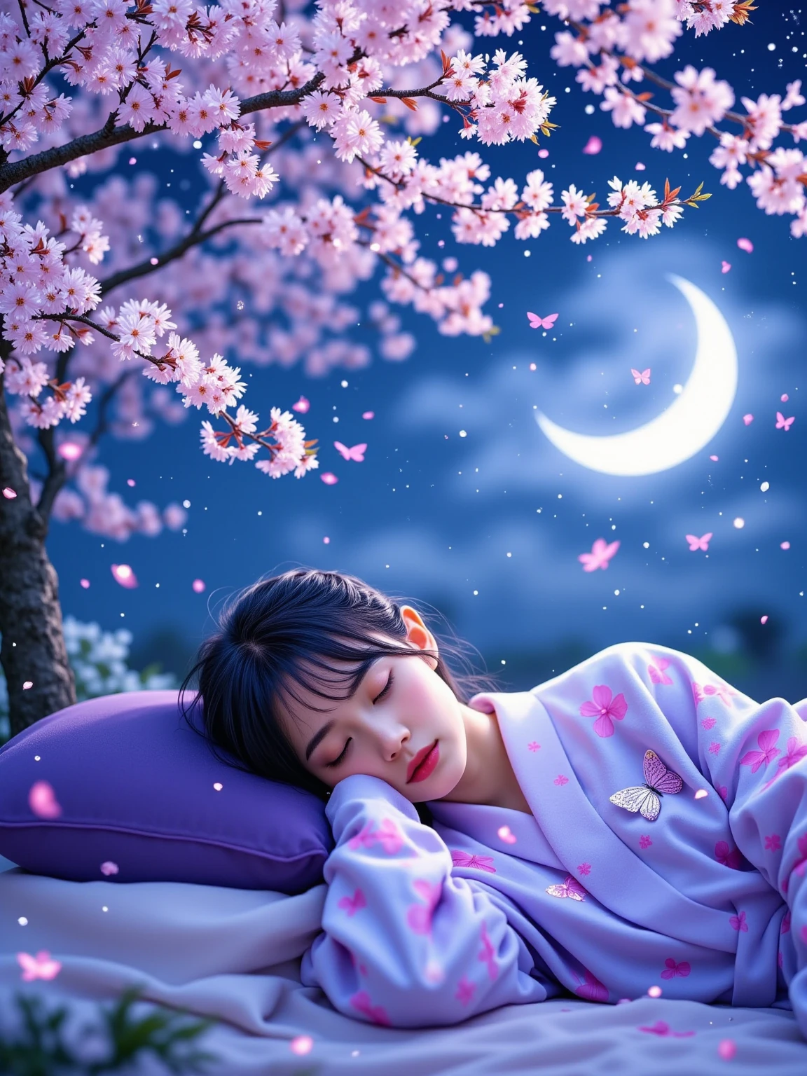 A young woman, sleeps peacefully under a blossoming cherry tree at ...