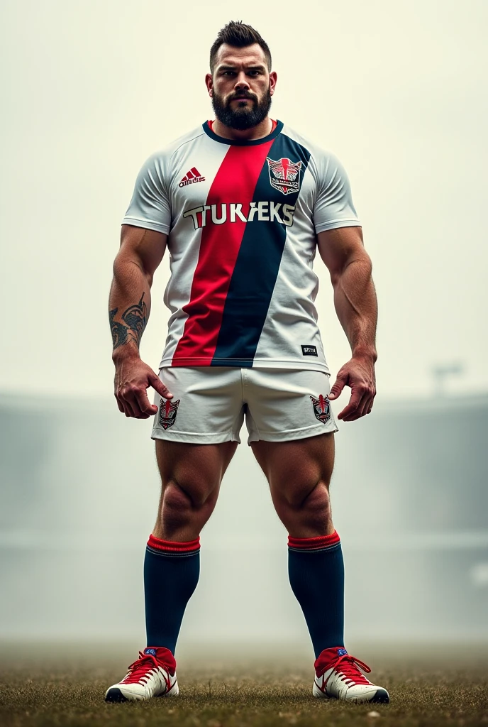 Japanese style image of a rugby prop with a beard in white rugby kit ...