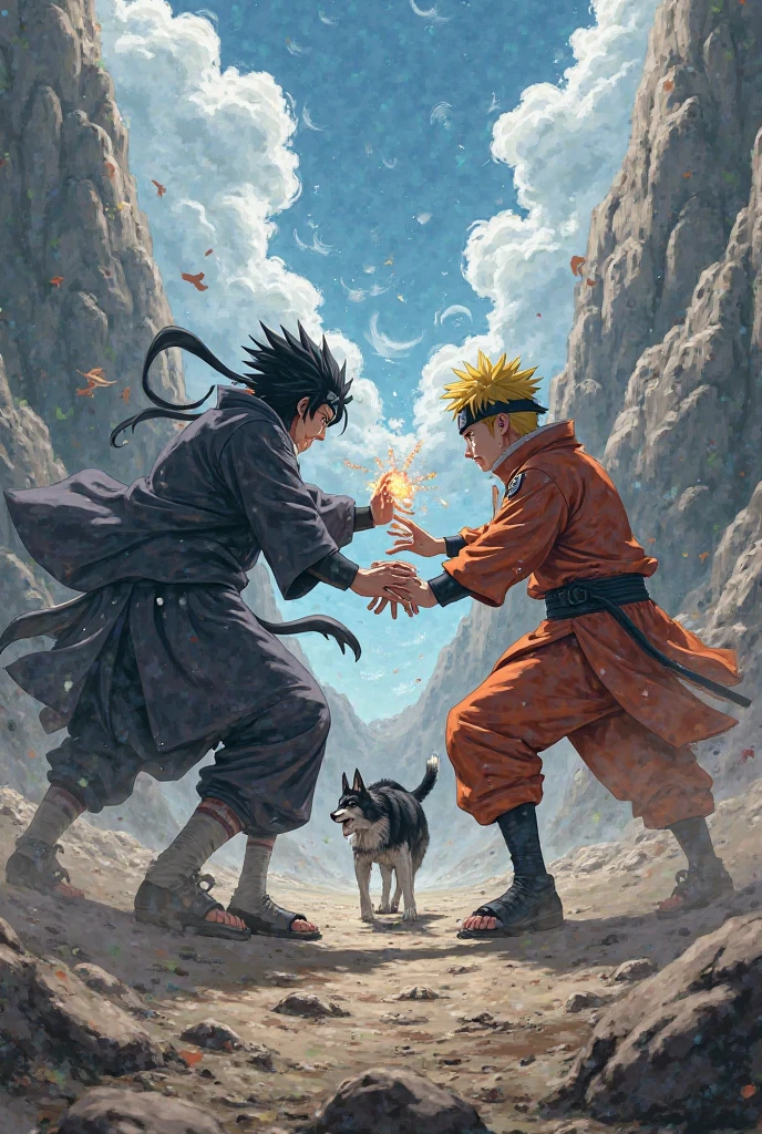 Naruto and sasuke fighting with a dog - SeaArt AI