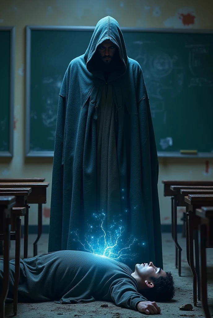 A monk wearing a blue burlap robe with a hood on his face stands in a ...