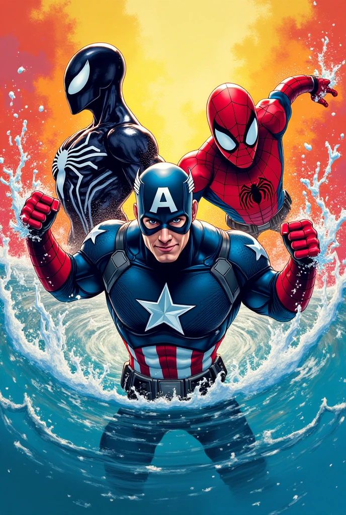 Captain America, Venom, and Spider-Man swimming and playing in the ...