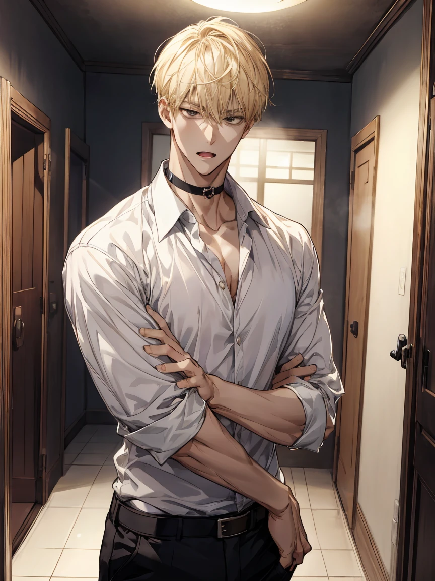 handsome man, kalm expression, shirt, blonde hair、Short medium cut ...