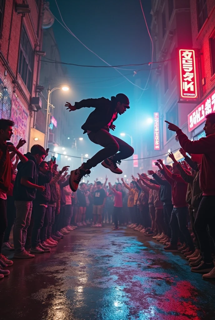 A cinematic, high-energy urban street dance battle scene at night ...