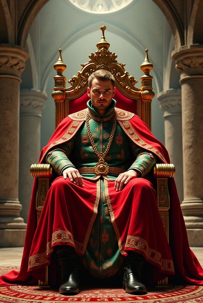 Medieval king sitting on a golden throne in a stone hall, wearing red ...