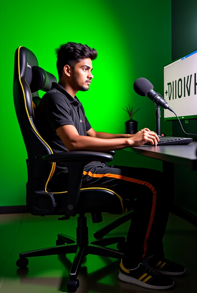 A twenty years old indian Boy sits on a black gaming chair with yellow ...