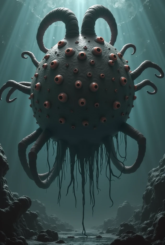 A monster that is just a meat ball with several eyes, tentacles sticking out fro - SeaArt AI