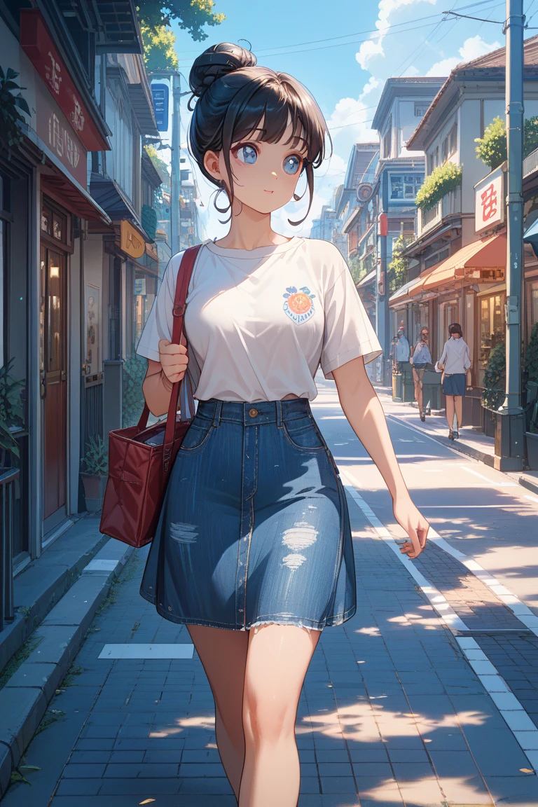 Black hair bun hair,A cute woman in her 40s,white trainer,denim skirt - SeaArt AI
