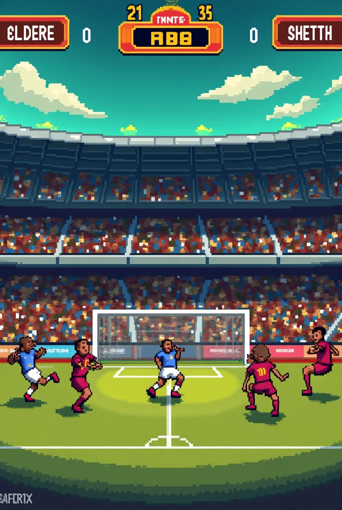 Retro pixel art scene of a football game titled "ASTERIX FOOTBALL ...