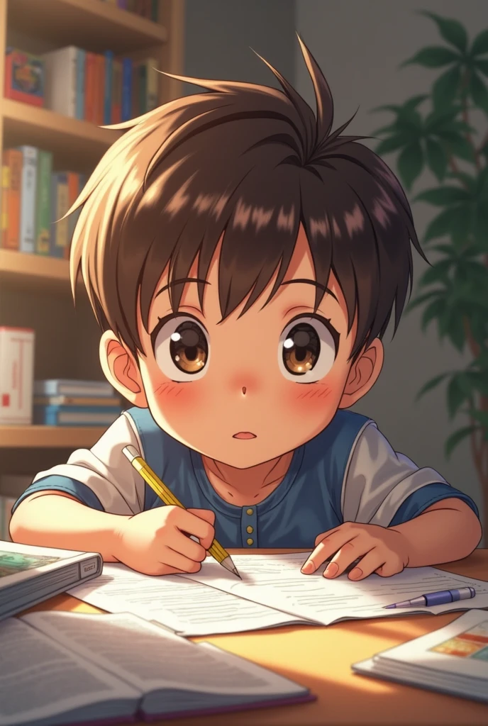 Brown haired boy with brown eyes doing homework in real life and anime ...