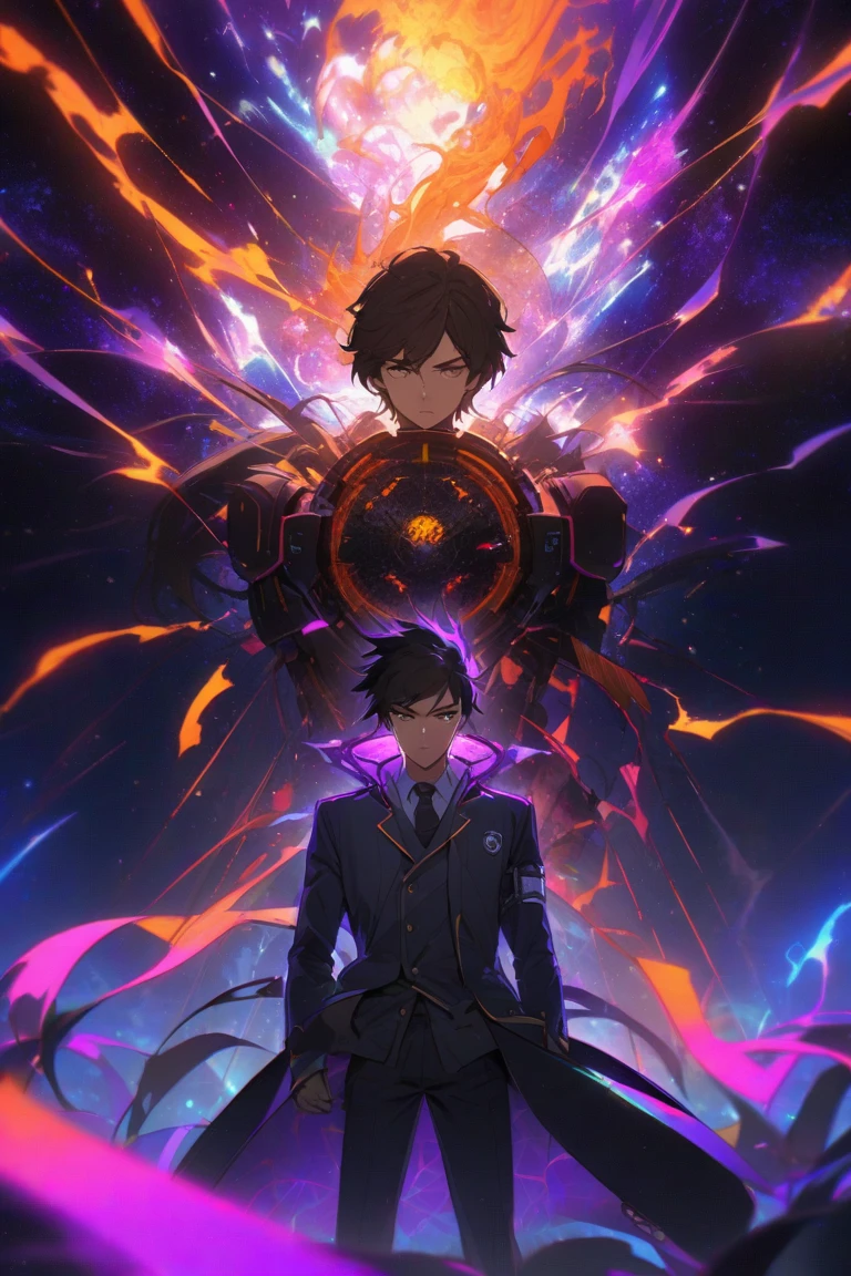 A age boy stands confidently at the center, illuminated by cosmic light ...