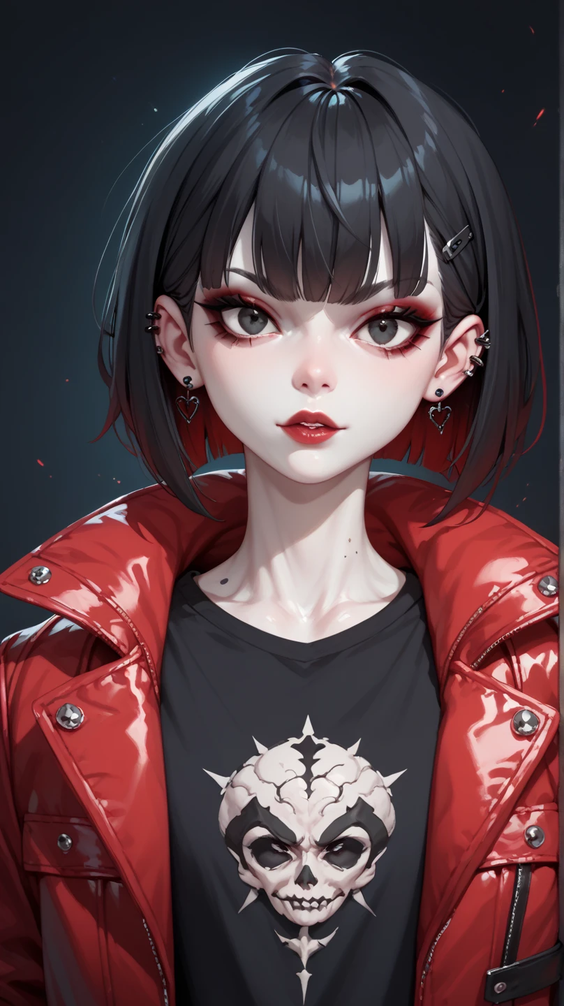 A goth girl with pale gray skin, short black hair with long bangs and ...