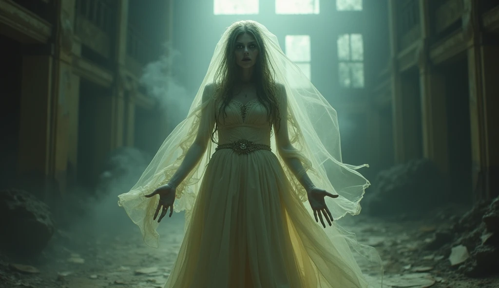 Ghostly female spirit speaking through the darkness, wearing old bridal ...