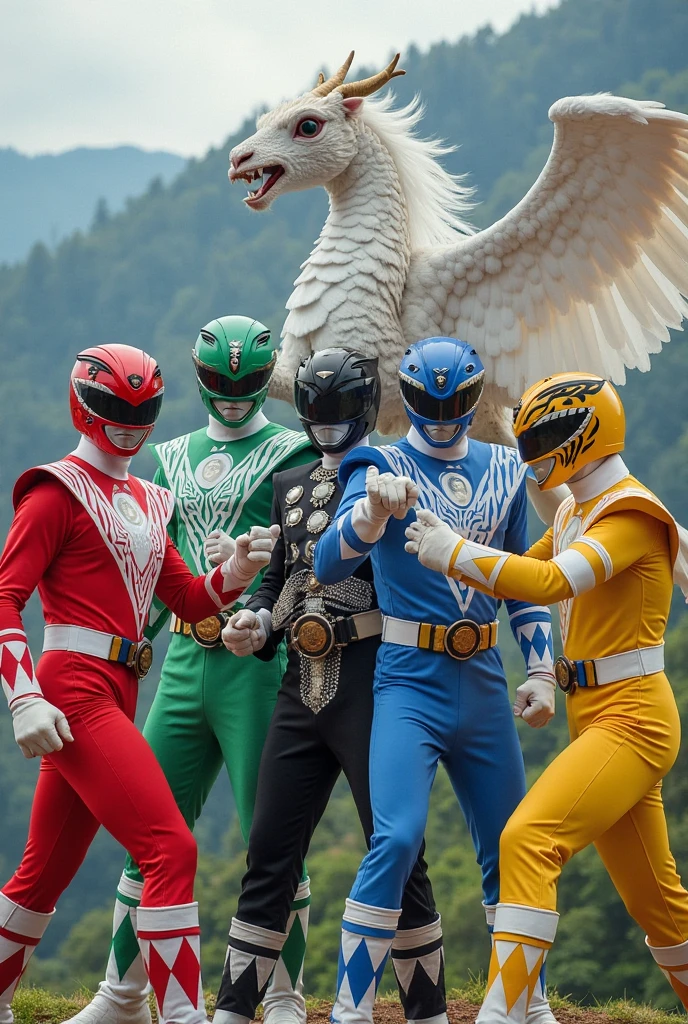 Super Sentai Power Rangers style team in presentation poses with ...