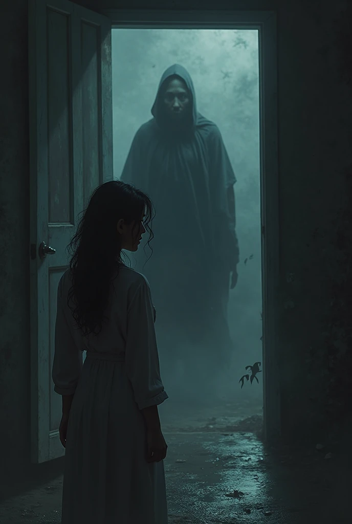 A scared young women closed the door and turning around to move inside ...