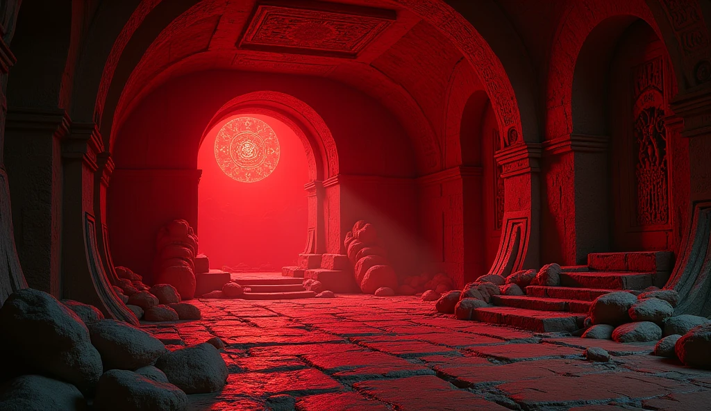 Underground crypt glowing with red light, ancient carvings on walls ...