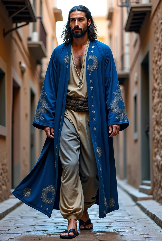 A man in a long, cobalt blue robe adorned with silver embroidery walks ...