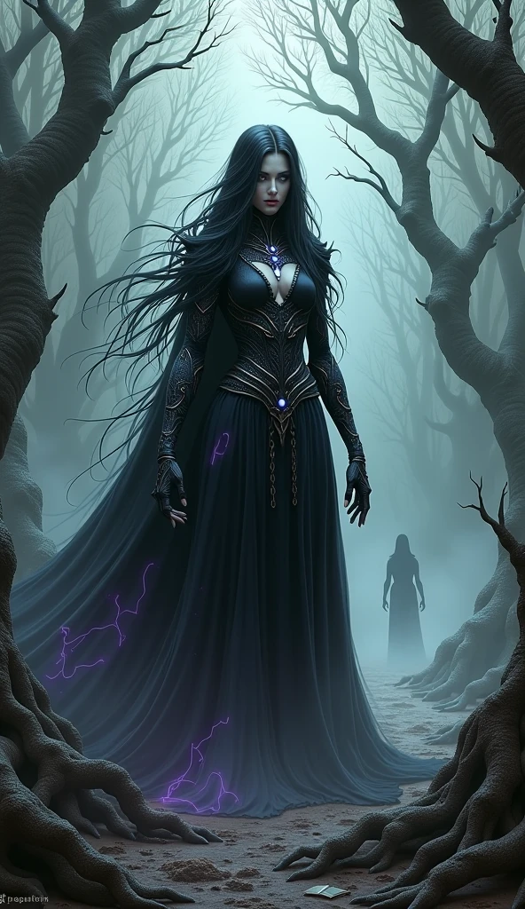 Create a highly detailed and atmospheric image of The Shadow Sorceress ...