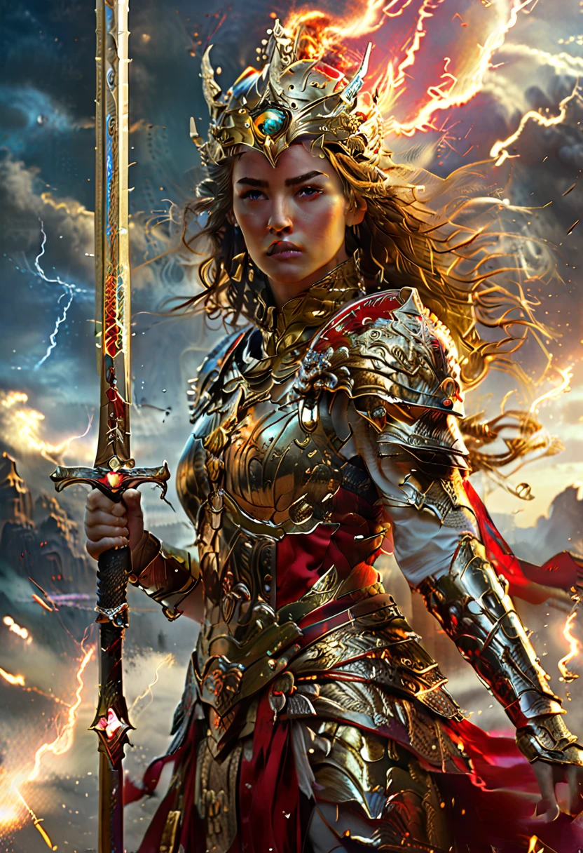 Athena, the Greek goddess of wisdom and war, in an epic battle scene ...