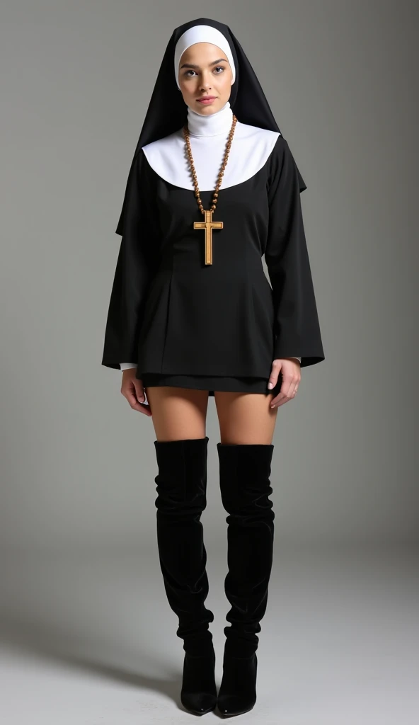 A young nun is standing in the studio wearing a short black monastic ...