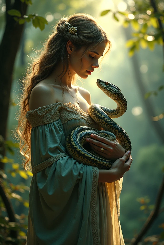 Forest enchantress bonding with a mythical snake, ultra-realistic textures - SeaArt AI