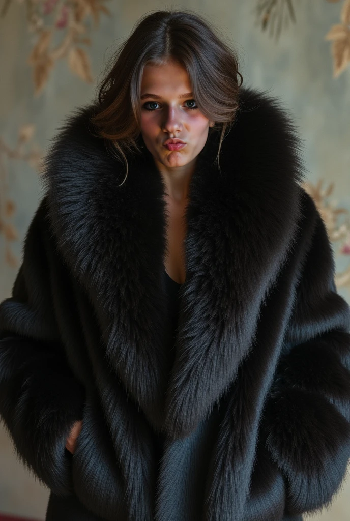 Make her wear a big fur coat - SeaArt AI