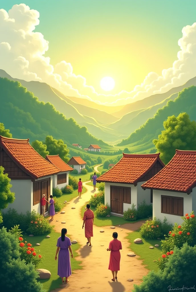A sunrise scene in a beautiful village. The village is surrounded by ...