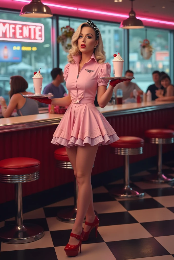 A hyper-realistic, cinematic portrait of a stunning waitress in a retro ...