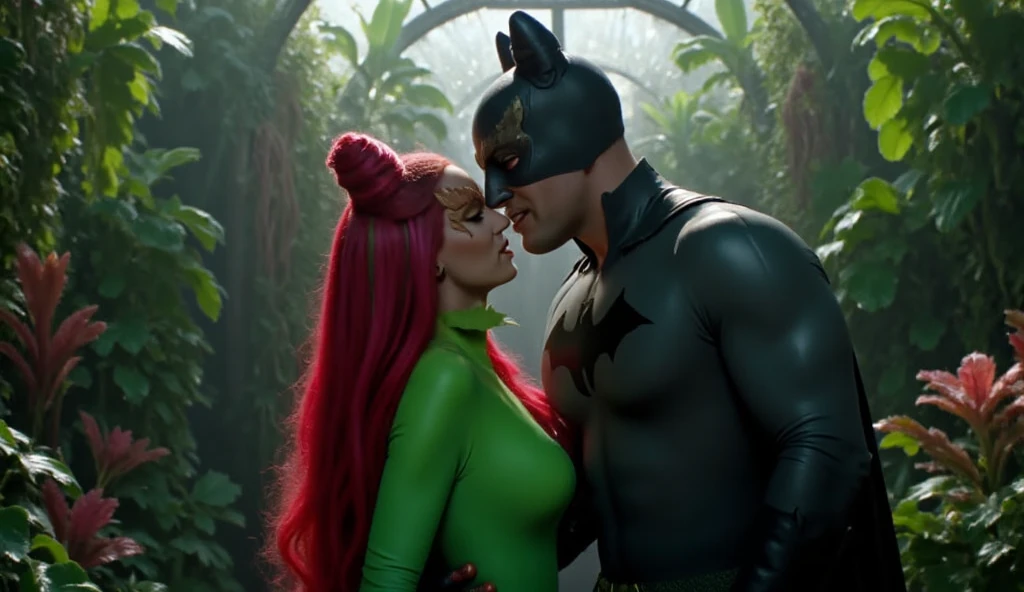 A cinematic, intimate shot captures Batman and Poison Ivy standing ...