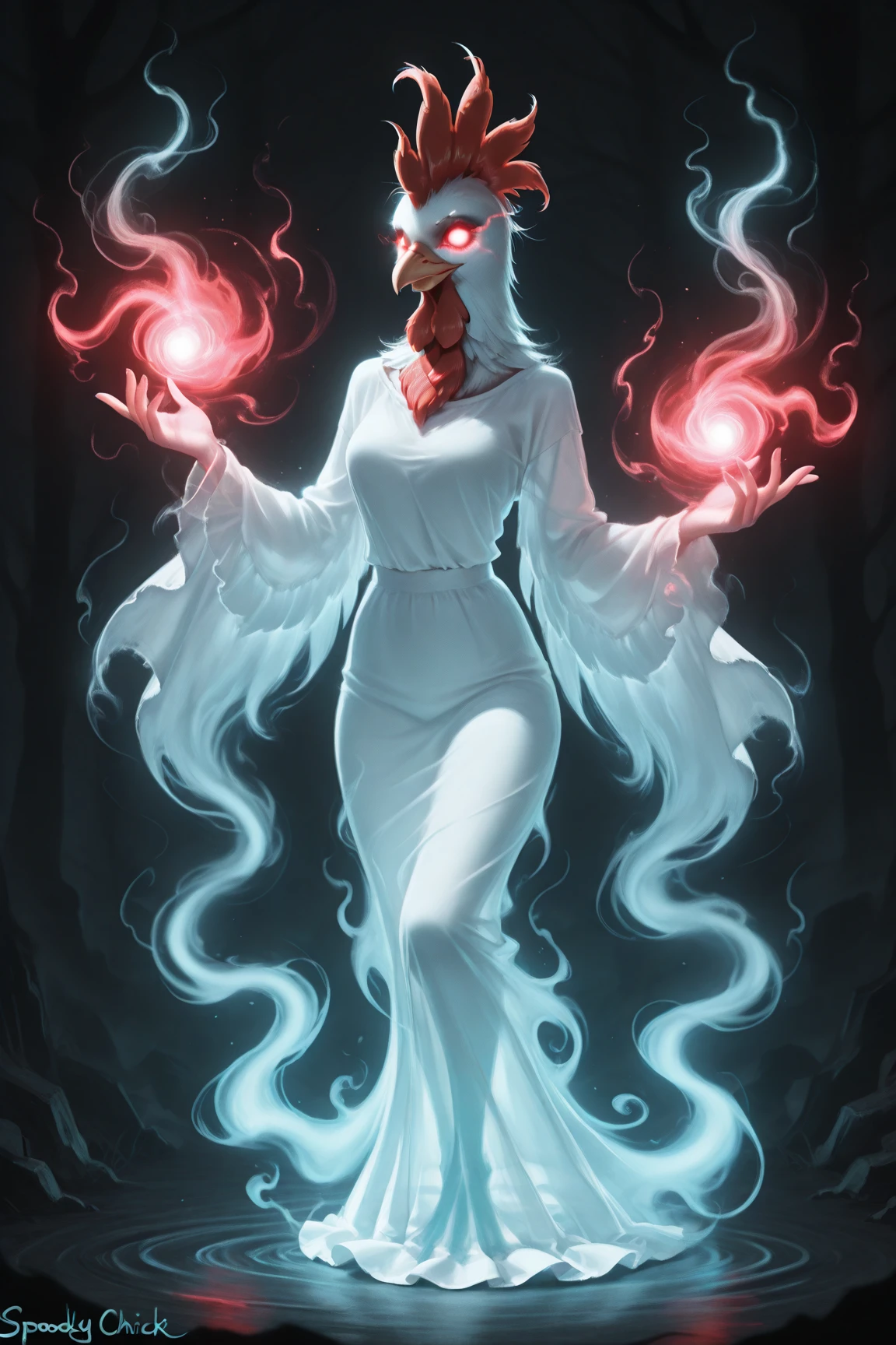Anthropomorphic ghost-chicken, spirit, female, slender build - SeaArt AI