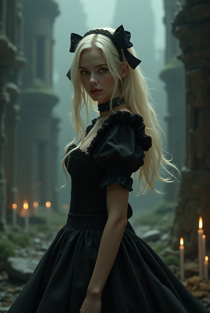 Make a dark fantasy image of a woman wearing a maid outfit with blond ...