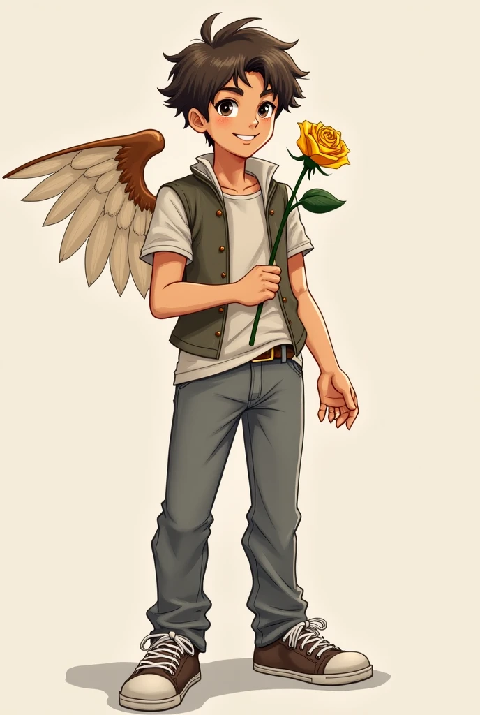 A very handsome young aasimar with tucked in wings sticking out his ...