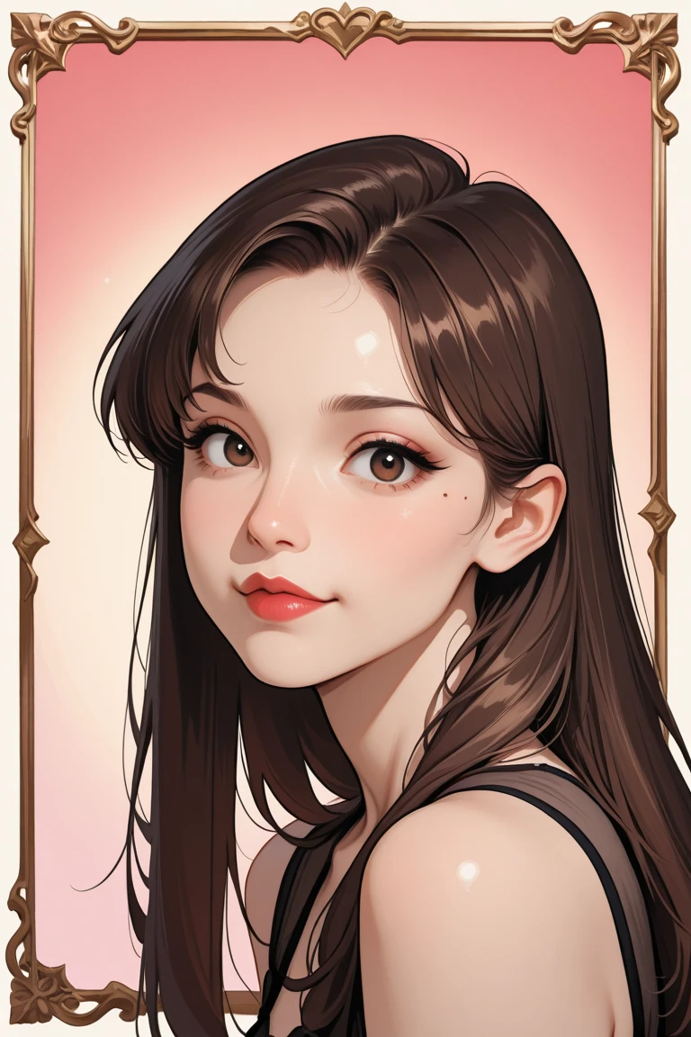 A young woman with an oval face, slightly angular jawline and a softly ...