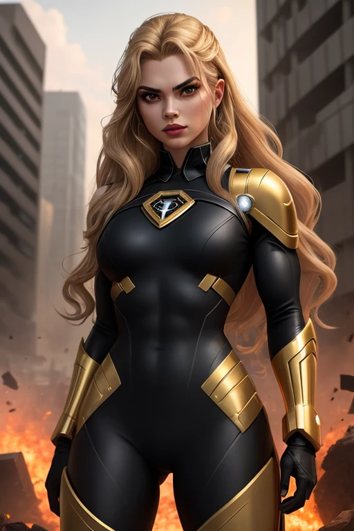 Menacing female supersoldier Aurora, black costume with gold plates ...