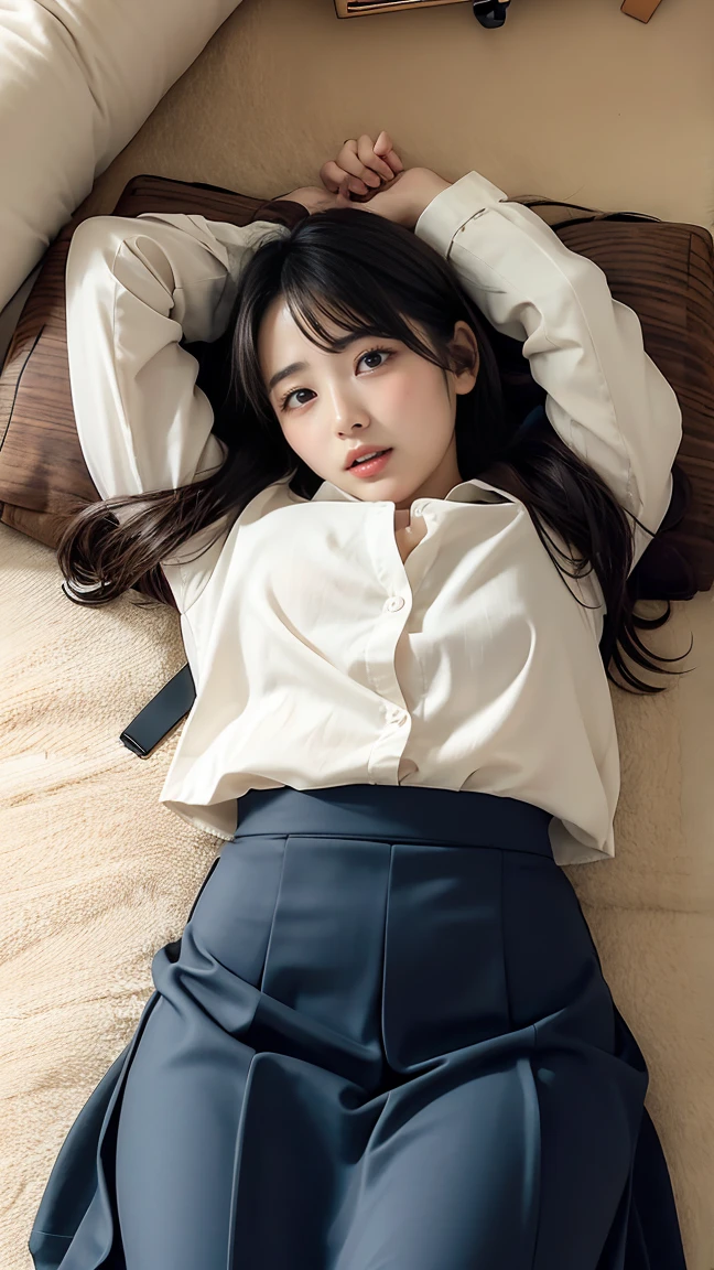 Lying on his back , Knee , Grab your knees , skirt , with both hands ...