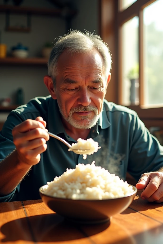 A man is eating rice. - SeaArt AI