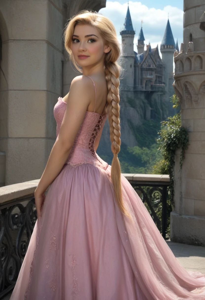 Rapunzel from Disney, royal style, pink dress, in a castle, yellow hair ...