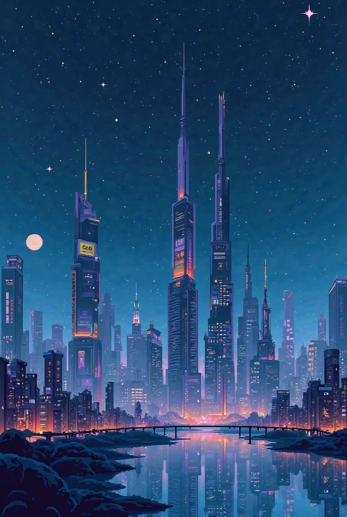 City far awat at night pixel art - SeaArt AI