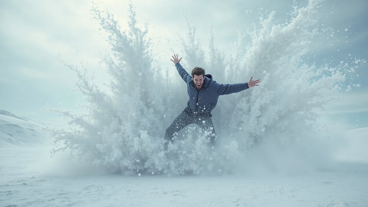 A frozen moment of a man being flung backward mid-air from an invisible ...