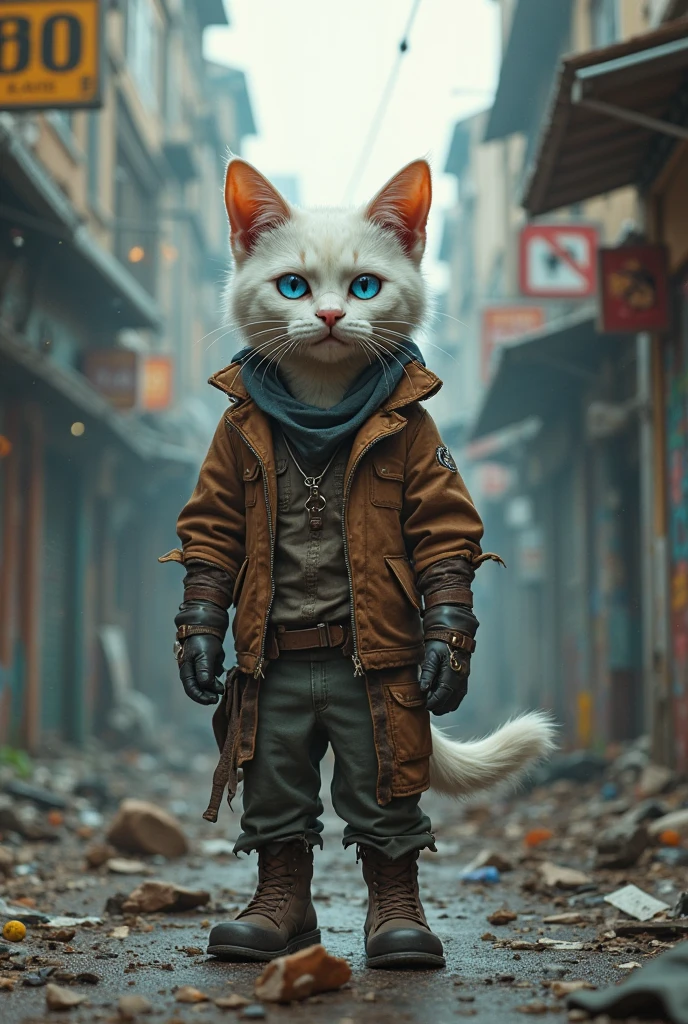 A semi-realistic anthropomorphic white cat standing in a dirty - SeaArt AI