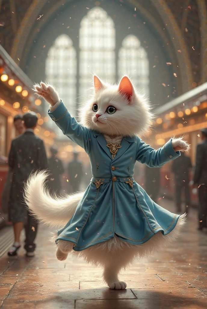 White cat Whering blue pant coat dance at heeal station - SeaArt AI