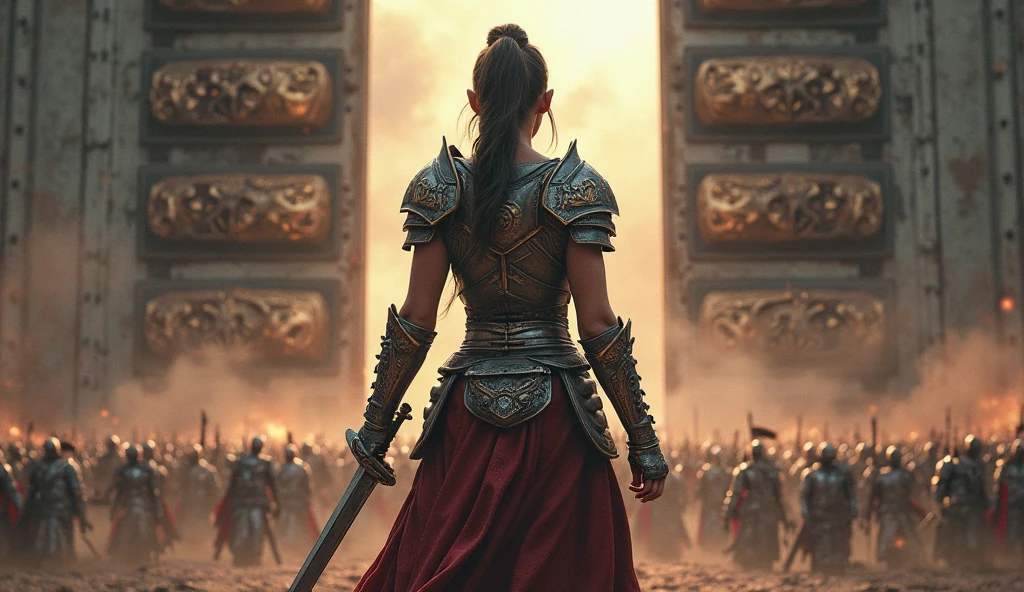A warrior girl with a sword, in combat pose and with her back - SeaArt AI