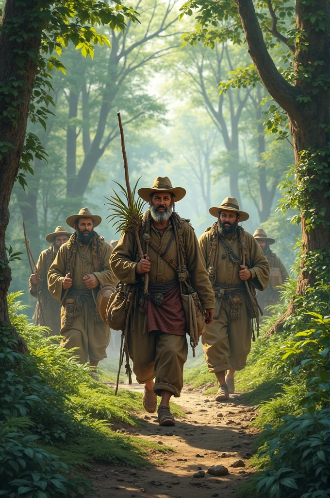 A group of traditional travellers walking through forest paths with ...