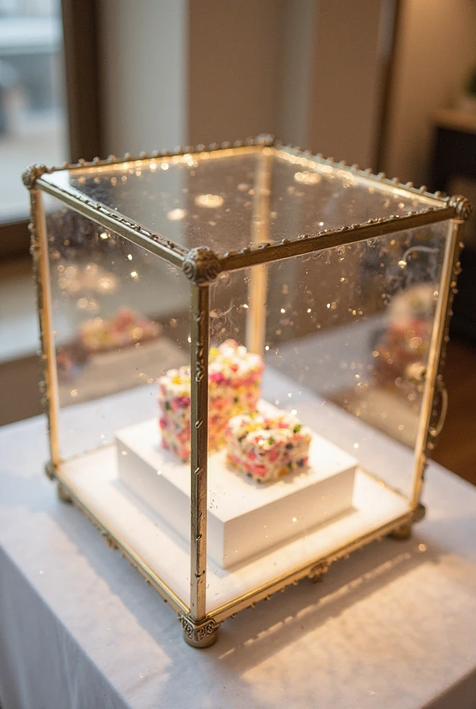 Square glass box With simple slightly ornate golden iron edges and a ...