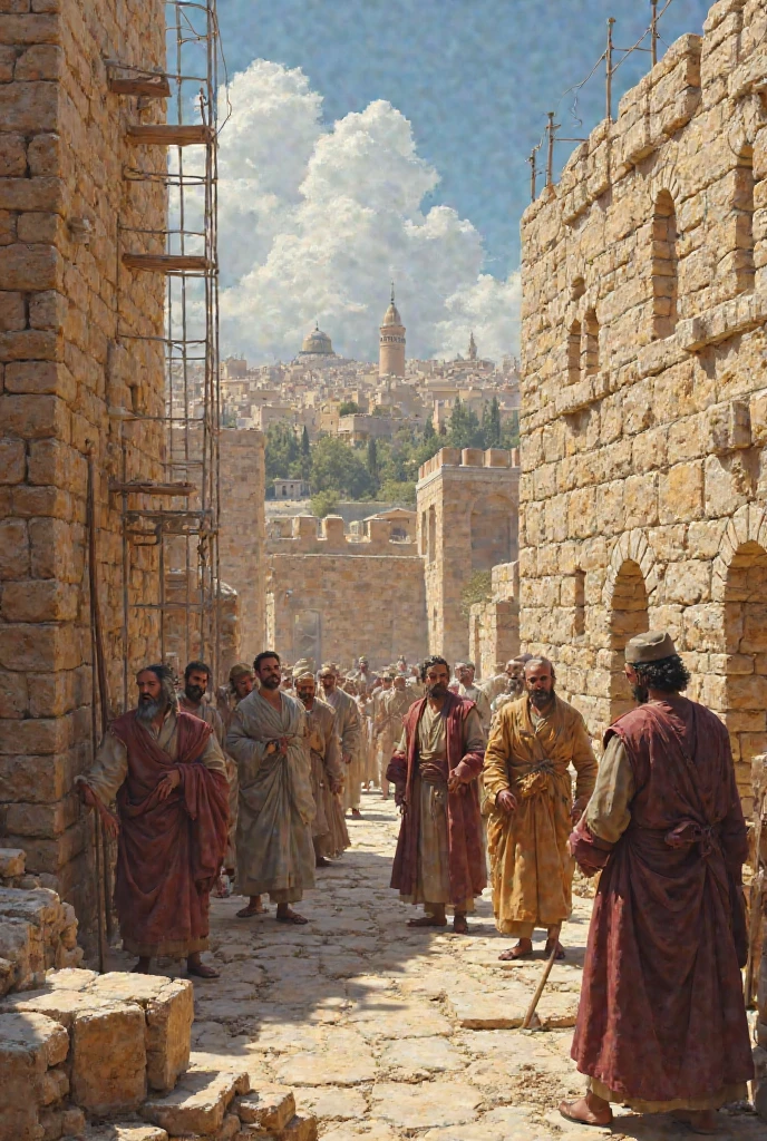 Nehemiah and other masons building the walls of Jerusalem, Stone blocks ...